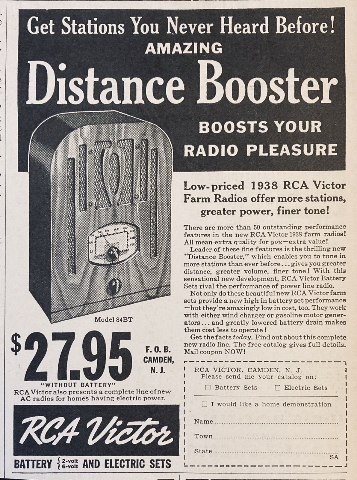 1937 AD.(XG5)~RCA VICTOR CO. CAMDEN, NJ. MODEL 84BT FARM RADIO | eBay