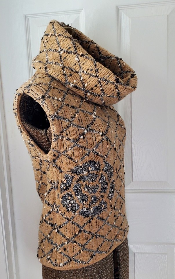 AUTH "COCO" CHANEL TAN/MULTI KNIT BOULCE WOOL BLEND COWLNECK CAMELIA ...