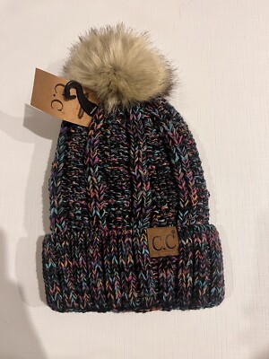 New! CC Beanie Brand Multicolor Soft Stretch Cable Knit Faux Fur Pom ...