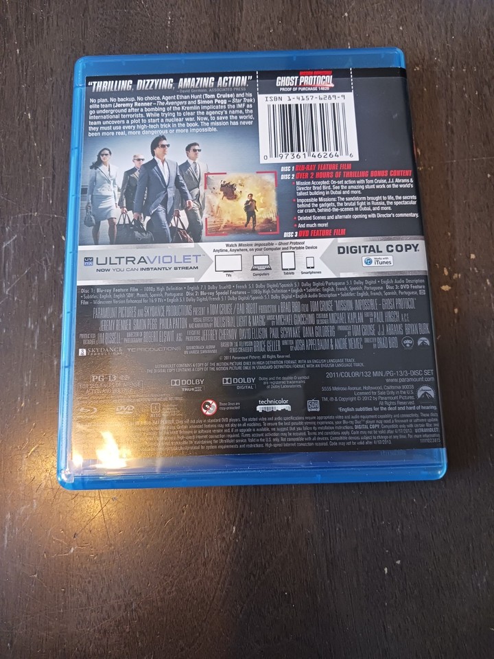 Mission Impossible: Ghost Protocol LE 3-Disc Set Blu-Ray/DVD in Sleeve ...