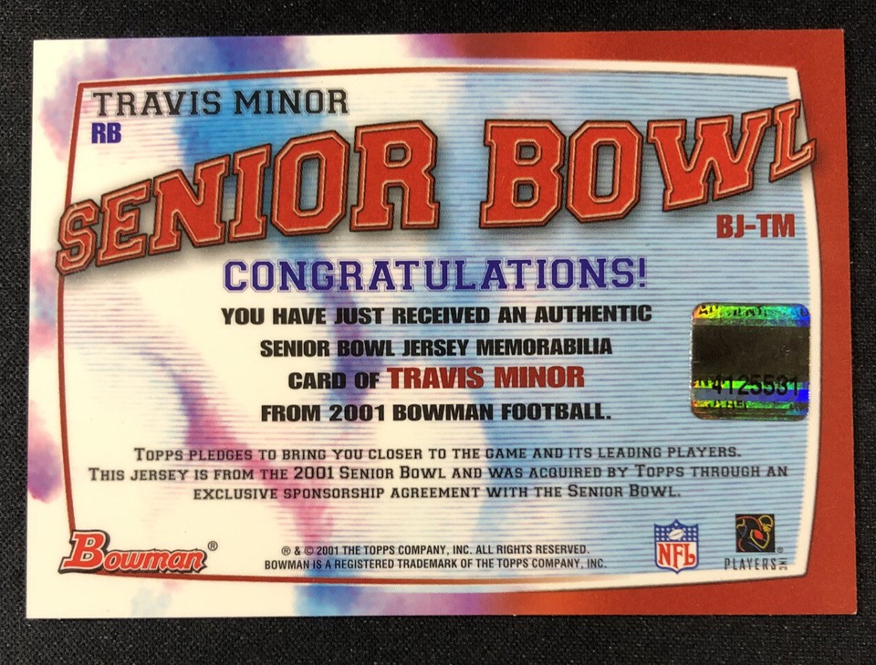 2001 Bowman Travis Minor RC Florida State Senior Bowl Jersey Card #BJ ...