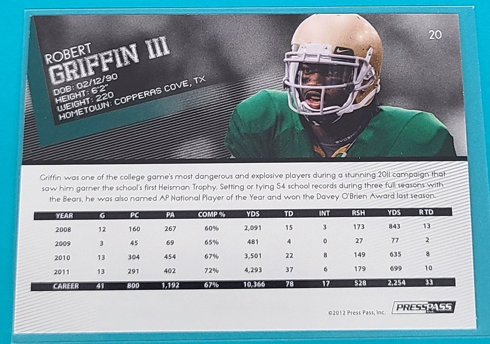 2012 Press Pass RC #20 Robert Griffin III Baylor Bears FOOTBALL Card L6 ...