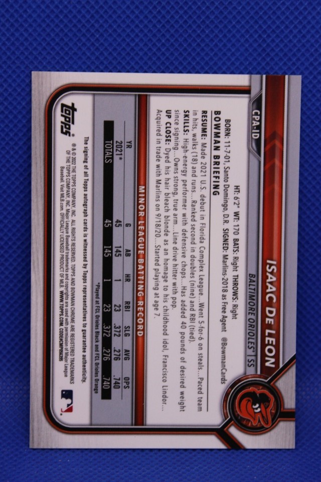 Isaac De Leon 2022 1st Bowman Chrome RC AUTO /250 PURPLE REFRACTOR SP ...