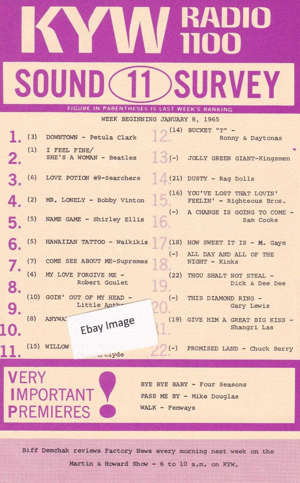 KYW Cleveland OH Top 40 Radio Music Survey 1-8-65 Beatles #2 I Feel ...