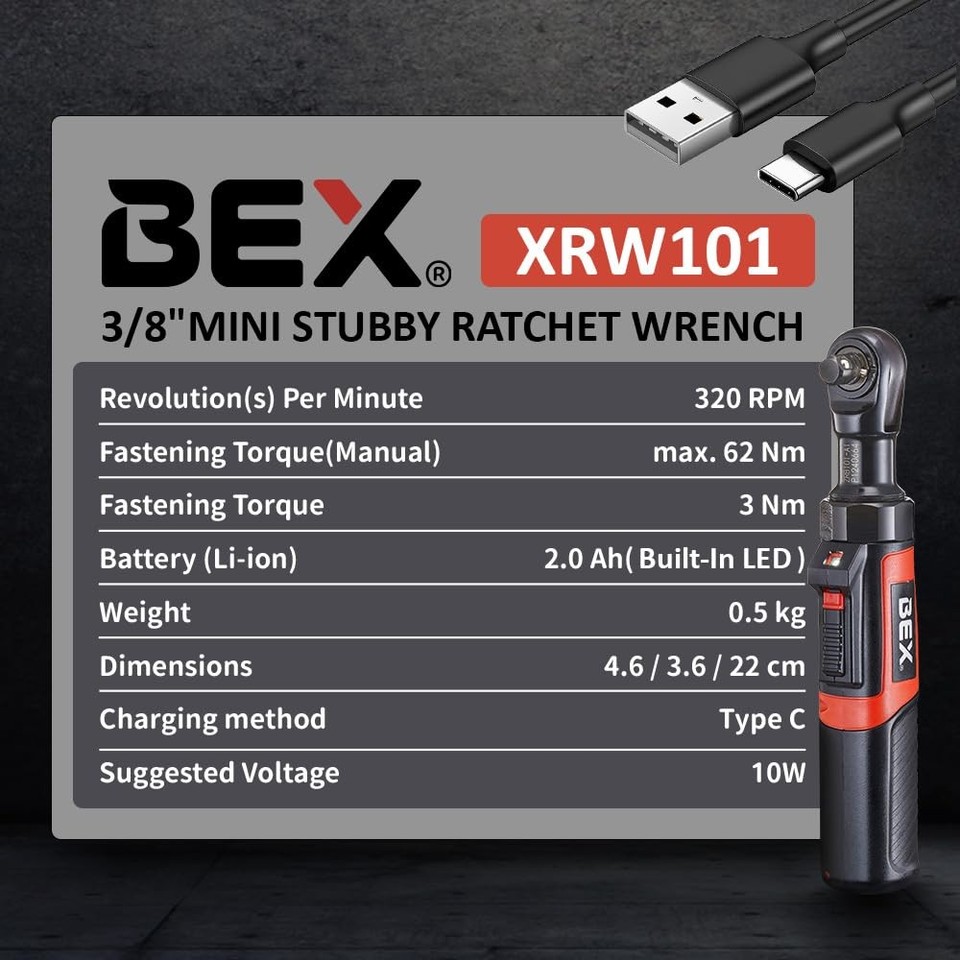 BEX 3/8" portable slim ratchet USB charging mini ratchet pocket tools ...