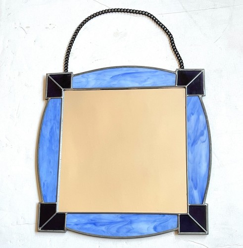 Vintage Retro Blue Stained Leaded Glass Mirror Metal Curved Frame Wall ...