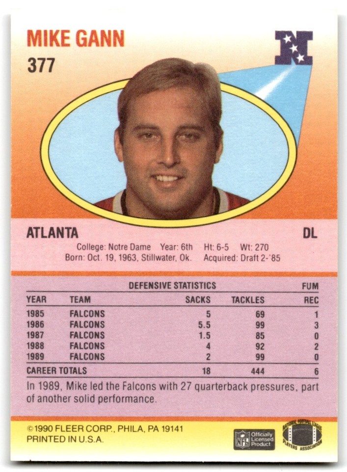 1990 Fleer Mike Gann Atlanta Falcons #377 | eBay