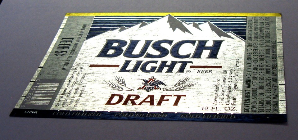 Anheuser-Busch BUSCH LIGHT DRAFT foil beer label MO 12oz DE-OR 5c ...