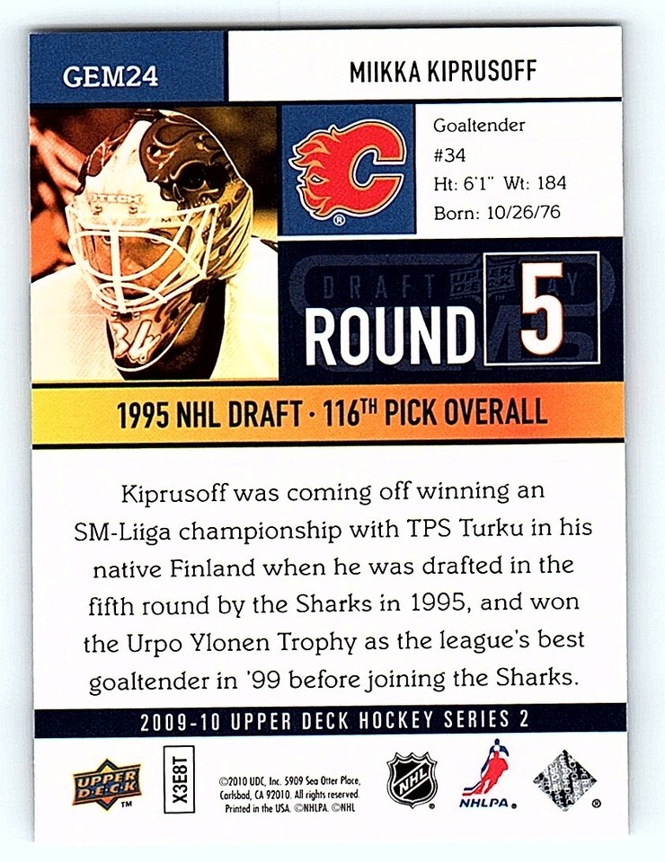 2009-10 UD Series 2 Draft Day Gems GEM24 Mikka Kiprusoff Calgary Flames ...