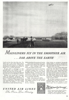 1938 United Airlines: Mainliners Fly In Smoother Air Vintage Print Ad ...