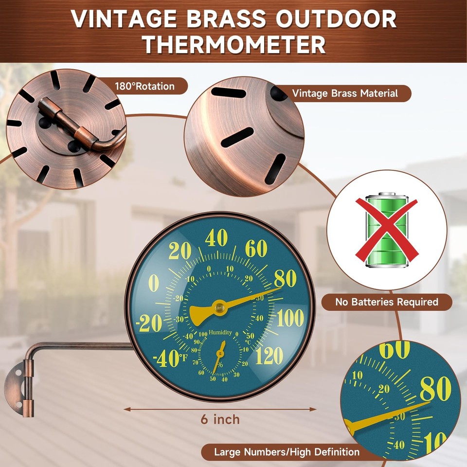 6 Inch Outdoor Thermometer Hygrometer, Large Brass Retro Patio ...