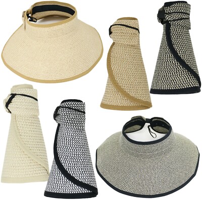 Two Tone Packable Roll-Up Sun Visor Beach Straw Hat | eBay