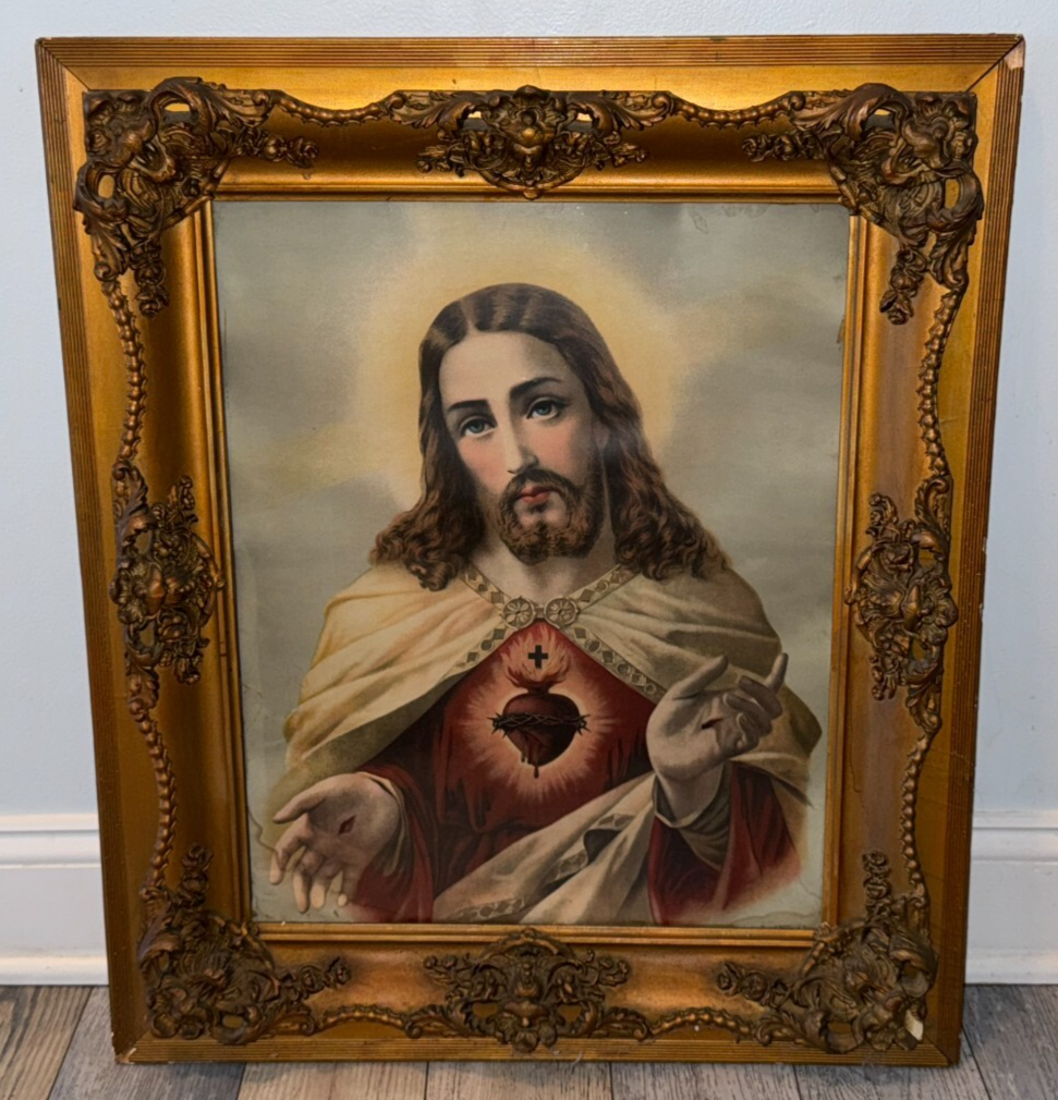 GORGEOUS ANTIQUE 1800's NUNS CONVENT FRAMED SACRED HEART JESUS 27" x 23 ...