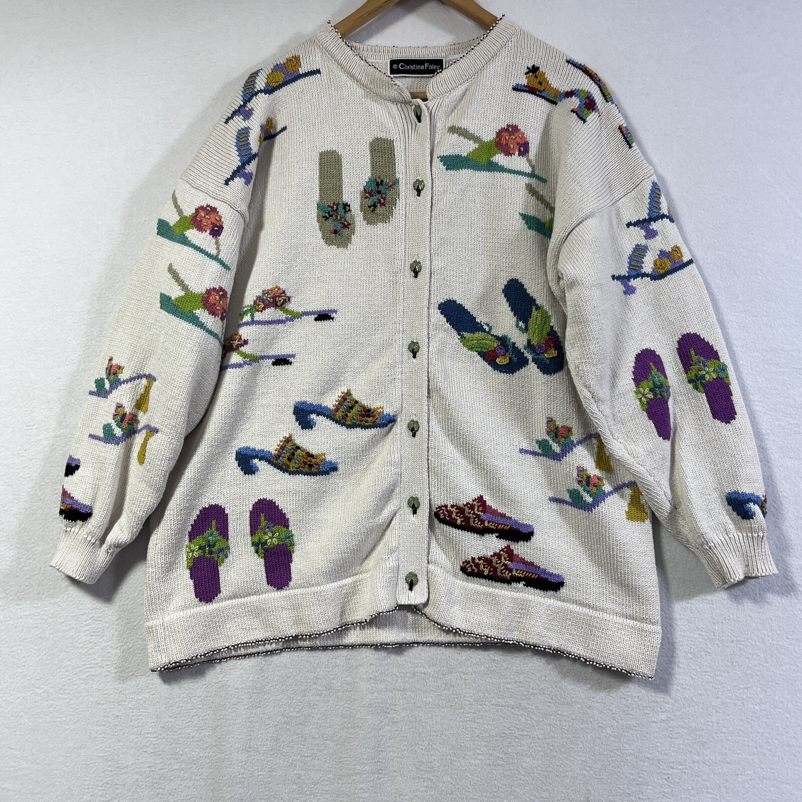 VTG Christine Foley Cardigan Palm Tree Buttons Sandal… - Gem