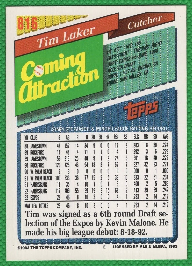 1993 Topps - Coming Attraction #816 Tim Laker (RC) for sale online | eBay