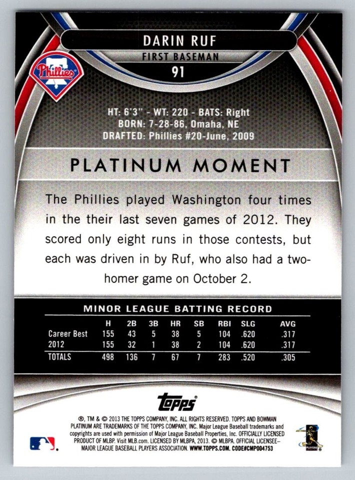 2013 Bowman Platinum Gold Ice Darin Ruf Philadelphia Phillies Rookie ...
