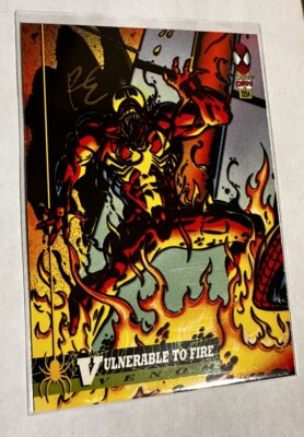 1994 Marvel Card Fleer Venom Vulnerable Fire #16 Signed Randy Emberlin ...