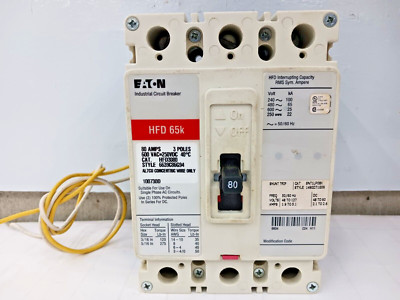 EATON 80 AMP CIRCUIT BREAKER 3 POLE 600 VAC HFD3080 W/ SHUNT TRIP | eBay