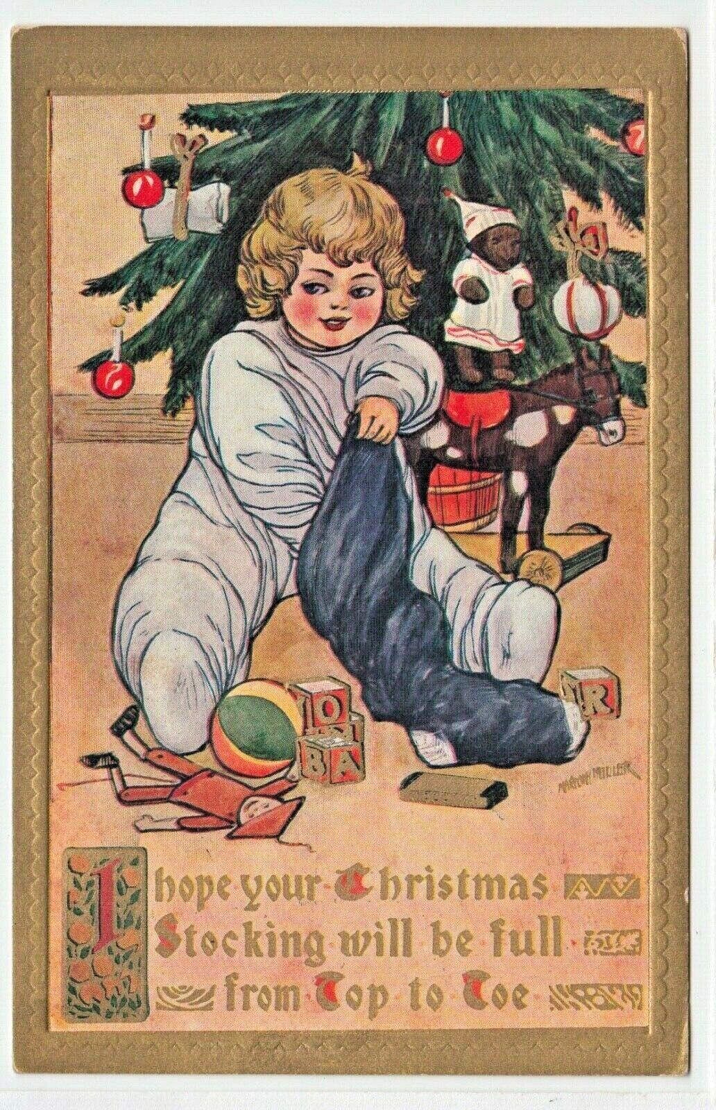 Vintage Christmas Postcard Child Stocking Puppet Horse Teddy Bear A/S ...
