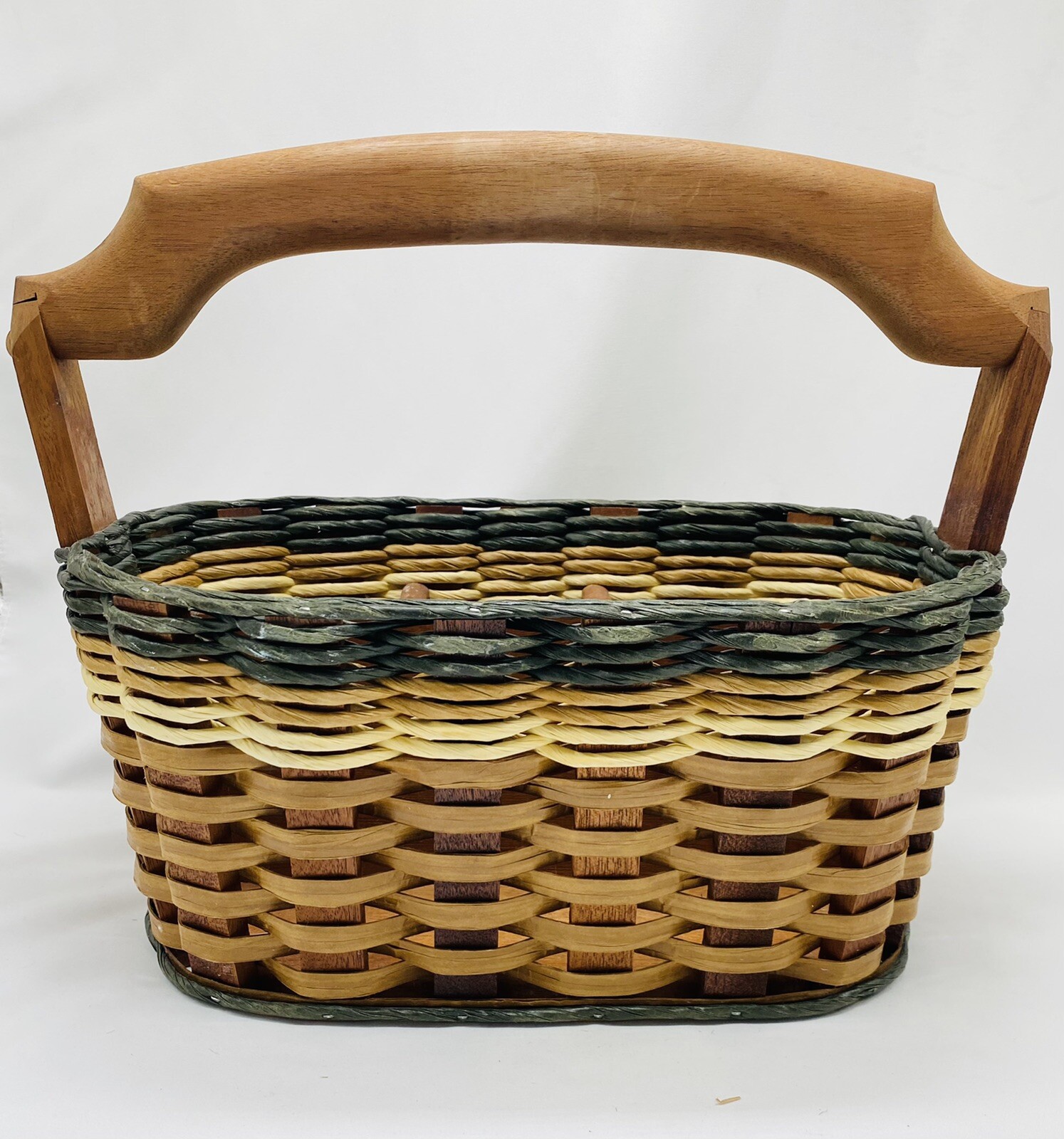Handmade FOX CREEK USA 2001 Signed Wood Rattan Jute Carryall Picnic ...