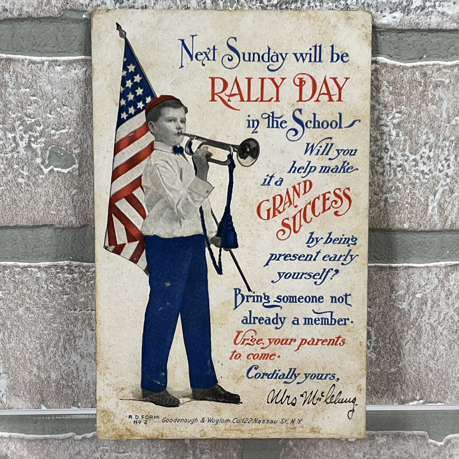 Vintage Sunday Rally Day Postcard Patriotic Flag UDB Posted 1908 ...
