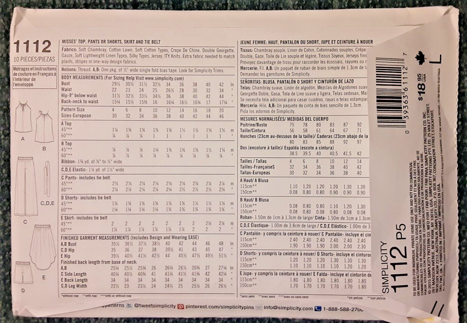 Simplicity Pattern 1112 Misses' Top Pants or Shorts Skirt Sewing Craft ...