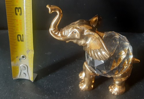 Facet Cut Clear Crystal & Gold Tone Cast Metal Elephant with Raised ...