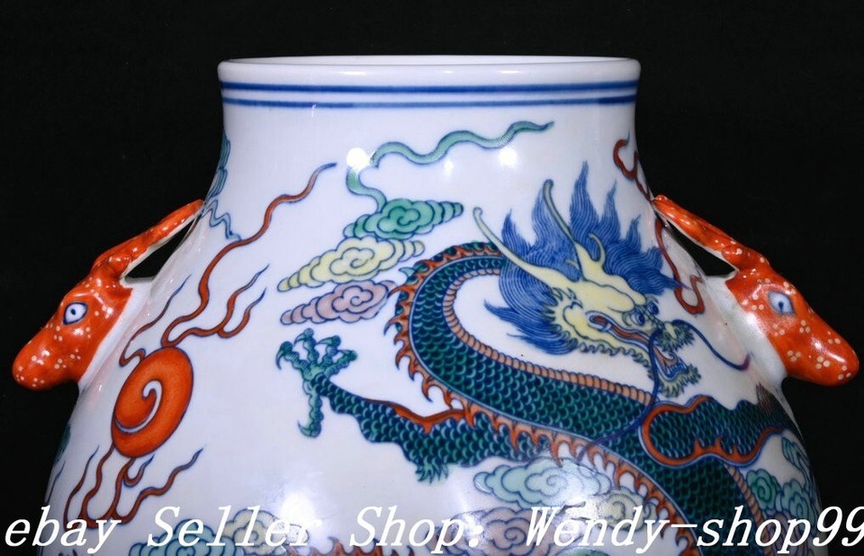 14" Qianlong Marked Doucai Porcelain Dragon Phoenix Pattern Deer Zun ...