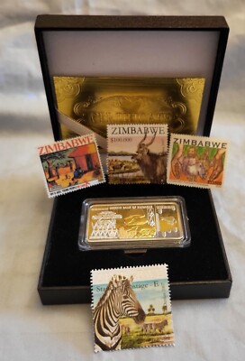 Zimbabwe Silver Gold Bar COA Box Old Zebra Rhino Stamps Case Africa Hut ...