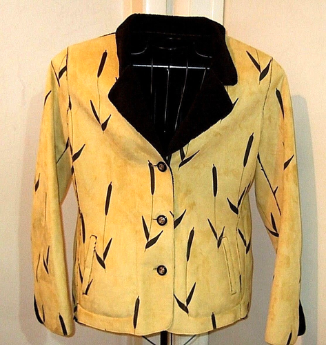 Women's Yellow & Black Cattail Print Suede Button Down Jacket -Size ...