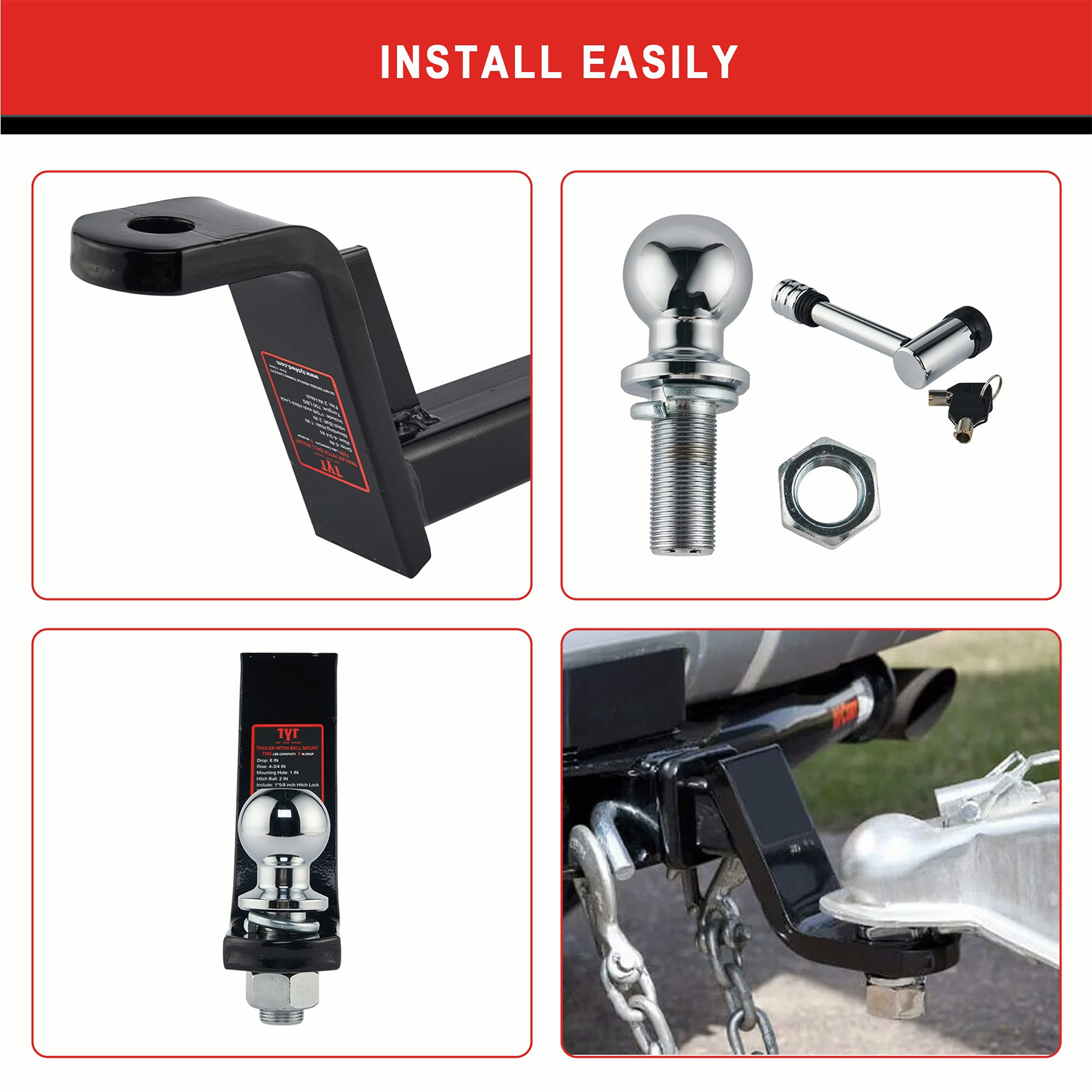 Trailer Hitch Mount with 2-Inch Ball & Pin/ Fits 2-in Receiver 7500 lbs ...