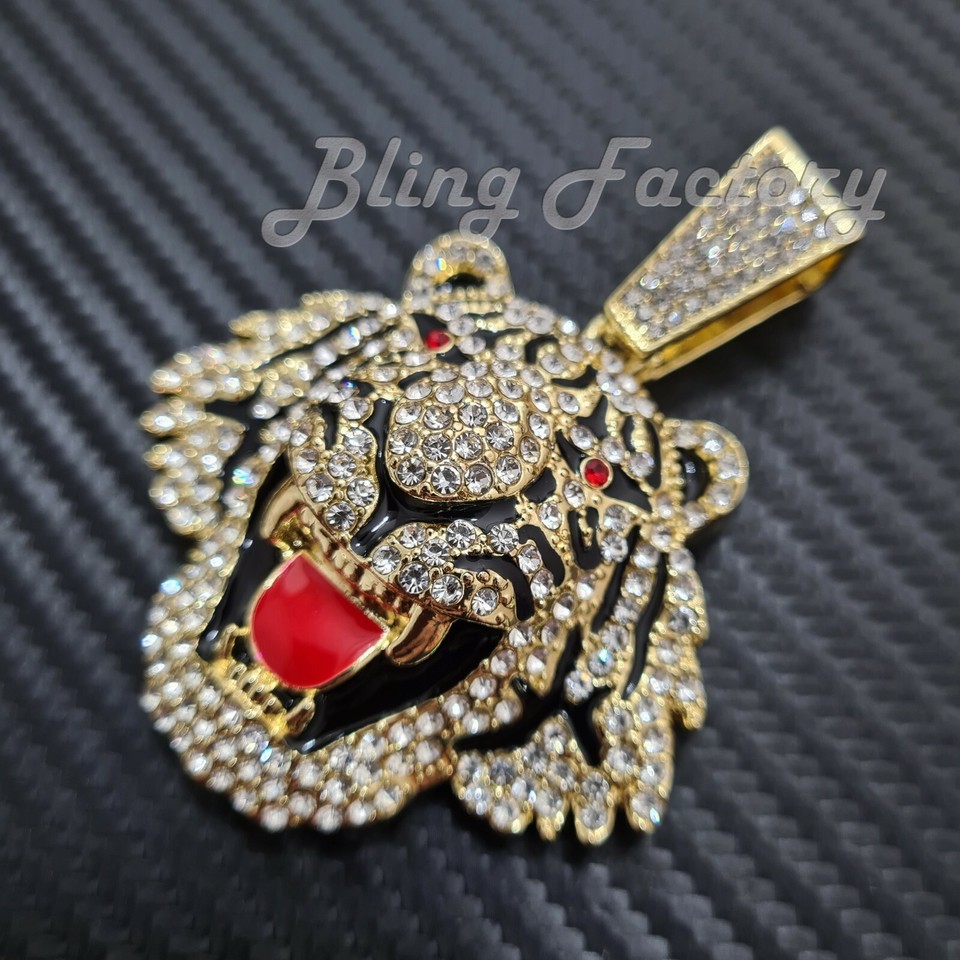 Iced Large Gold Tiger Pendant & 16" ~ 24" Iced Cuban Choker Chain Bling ...