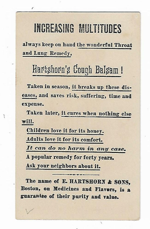 Trade Card Medicine Hartshorn's Cough Balsam Cure Honey Hartshorn & Son ...