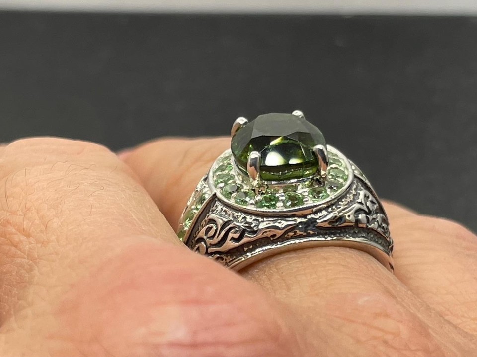 6.96 CT VERDELITE TOURMALINE + TSAVORITE .925 STERLING SILVER MENS RING ...