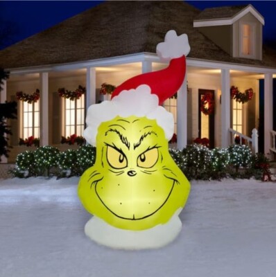 10.5 FT GIANT GRINCH HEAD WITH SANTA HAT Airblown Lighted Yard ...