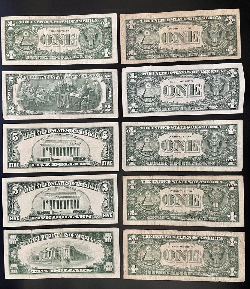Vintage Paper Money Lot US American $1 $2 $5 $10 Bill 1957 1976 1950 ...