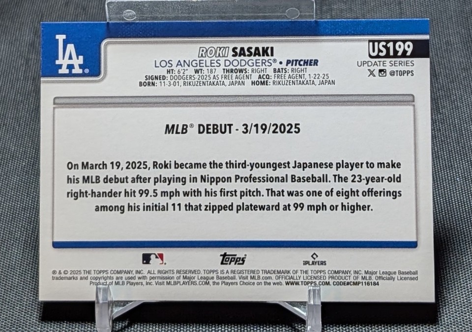 Roki Sasaki MLB Debut Rookie RC 2025 Topps Update Series Card #US199 ...