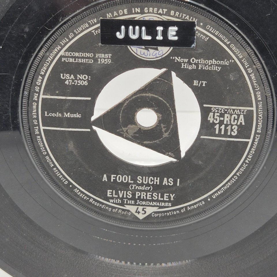 ELVIS PRESLEY A Fool Such As I Vinyl Record 45-RCA-1113 High Fidelity ...