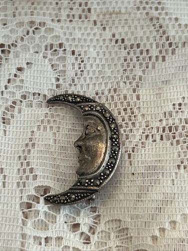 Vintage 925 Sterling Silver Marcasite Crescent Moon Face Brooch~Pin | eBay