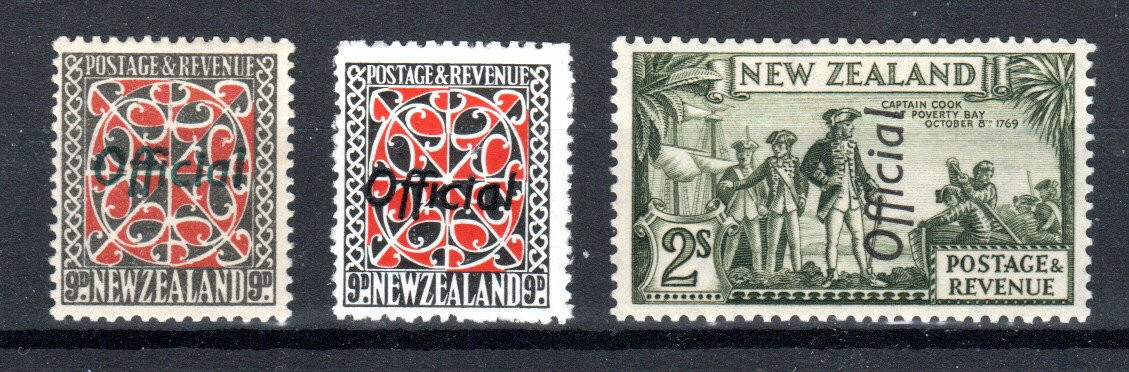 New Zealand 1936-61 9d (x2) and 2s Official opt SG O129, O130, O132 MNH ...