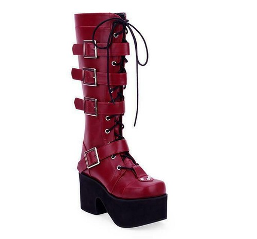 Womens Punk Gothic Buckle Strap Lace Up Knee High Knight Boots Winter ...