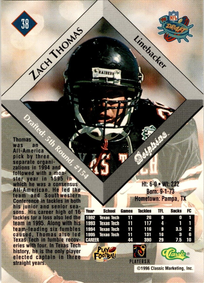1996 Classic Draft #38 ZACH THOMAS *EXMT+* Miami Dolphins-Texas Tech ...