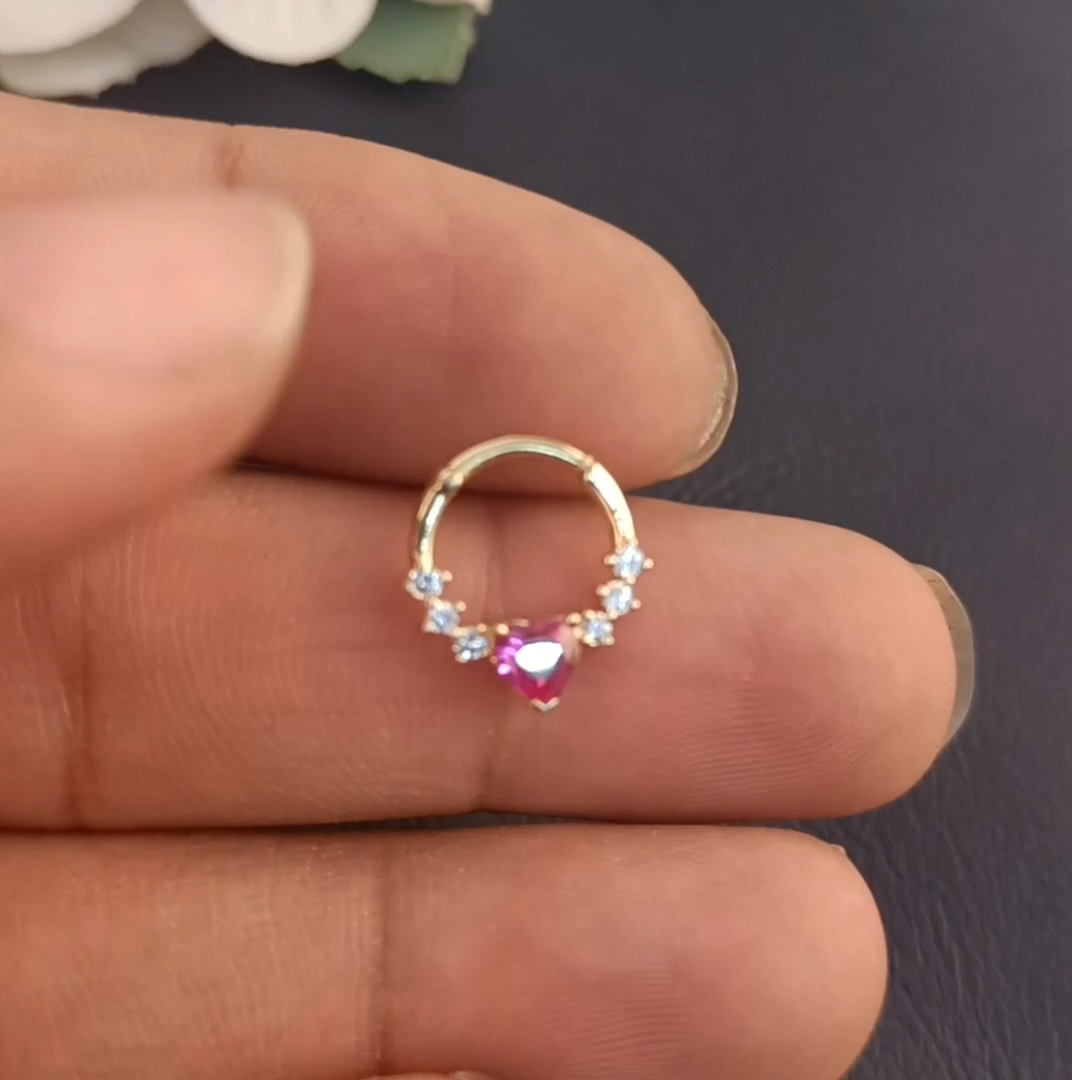 Ria 14K Septum Nose Ring in Gold with Heart Pink Diamond Clicker Daith Piercing | eBay
