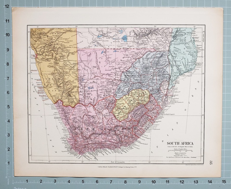 STANFORD'S 1889 HAND COLOURED MAP SOUTH AFRICA CAPE COLONY ORANGE FREE ...