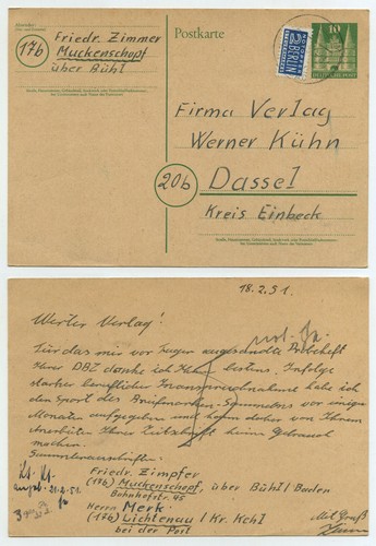 76505 - postal stationery P 2 - postcard - 19.2.1951 to Dassel | eBay