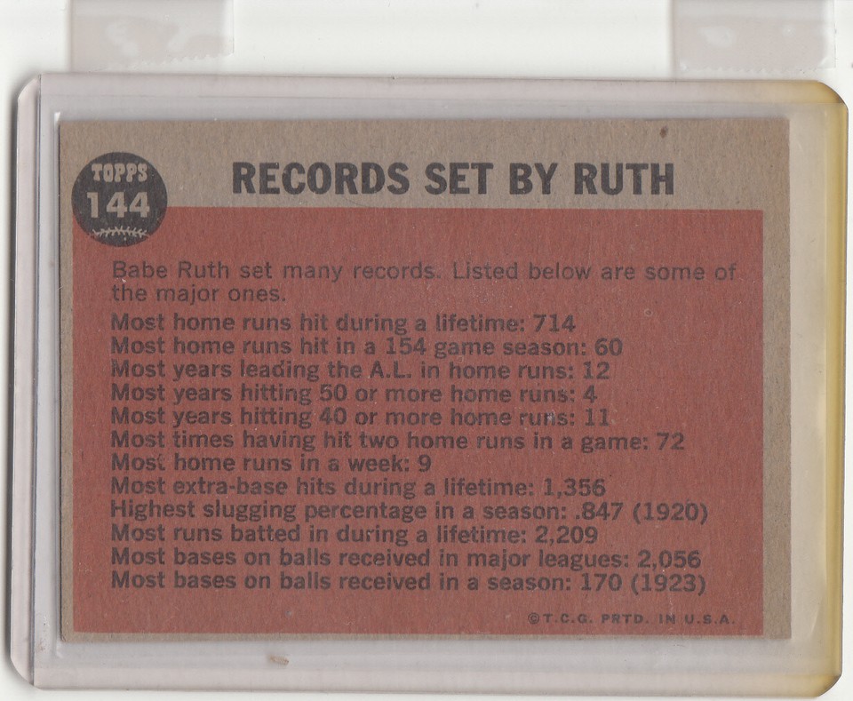 VINTAGE 1962 TOPPS BASEBALL CARD#144 BABE RUTH FAREWELL SPEECH NR NM/MT ...