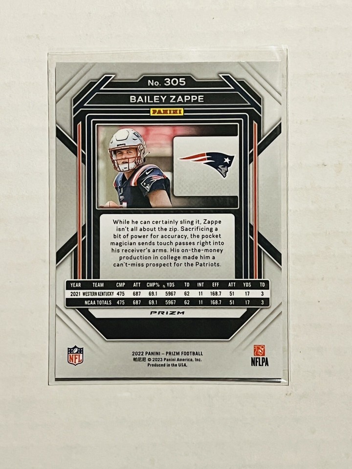 BAILEY ZAPPE 2022 Panini Prizm Red White Blue Prizm RC #305 Patriots ...