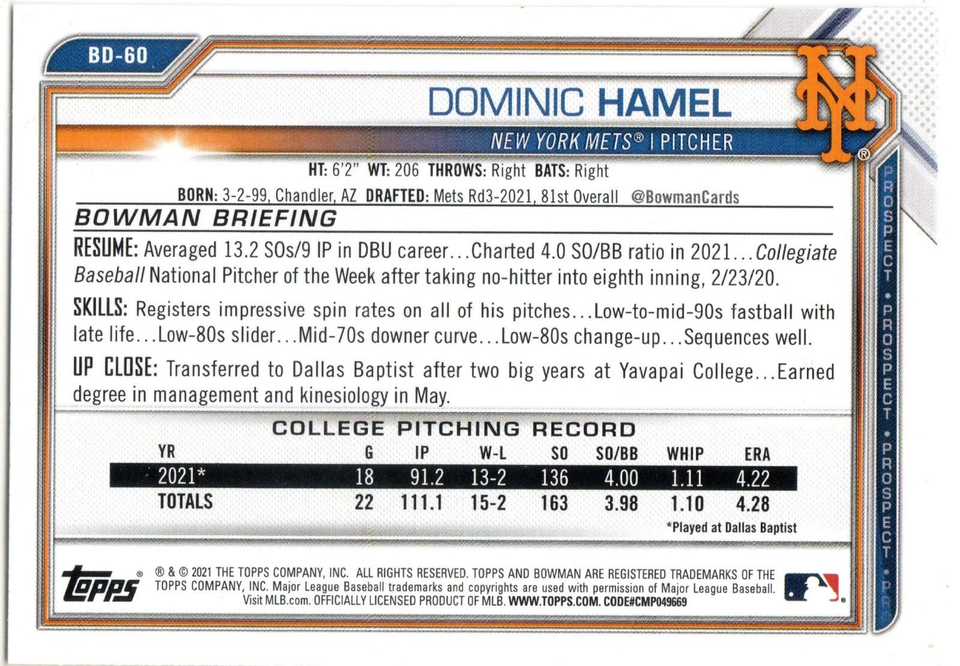 Dominic Hamel New York Mets 2021 Bowman Draft 1st Bowman | eBay