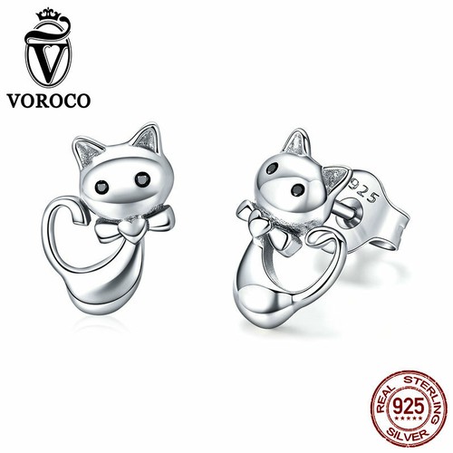 Voroco 925 Sterling Silver Stud Earrings Cute Cat Charm CZ Fashion ...