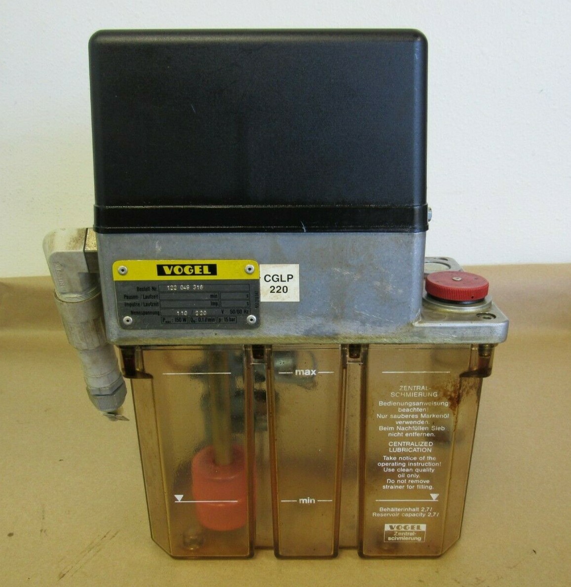 VOGEL LUBRICATION UNIT TYPE 122 049 316, LUBE TANK 110/220V, FROM MAHO ...